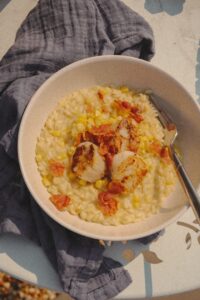 Corn Risotto with Scallops and Crispy Prosciutto - Vanessa Perrone